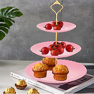 10 Pcs Pink Plastic Cake Stand, 4 Pcs 3 Tier Dessert Display Stands Cookie Tray Rack Serving Tray Cake Display Tower and 6 Pcs Dessert Trays for Wedding Baby Shower Tea Party (Pink)