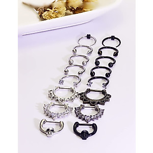 Hoeudjo Septum Clicker Rings 16G Surgical Steel Nose Hoop Rings Retainer Body Piercing Jewelry with Clear CZ Women Men Skull Daith Helix Tragus Lip Cartilage Earrings 16 Pieces Silver Black