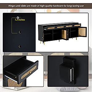 Modern TV Stand with 4 Rattan Doors and 4 Drawers, Entertainment Center for TVs Up to 65", Media Console Table Storage Sideboard Cabinet with Adjustable Shelves for Living Room Bedroom (Black-4R)