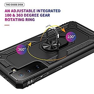 Samsung Galaxy S21 FE 5G Case with HD Screen Protectors, Androgate Military-Grade Metal Ring Holder Kickstand 15ft Drop Tested Shockproof Cover Case for Samsung Galaxy S21 FE Black