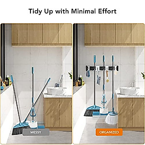 KINGTOP Broom Mop Holder Wall Mount Sturdy Space Aluminum Broom Organizer Rack with Hooks Great for Home Pantry, Kitchen, Garden,Garage & Laundry Tool Storage (3 Racks 4 Hooks Black)