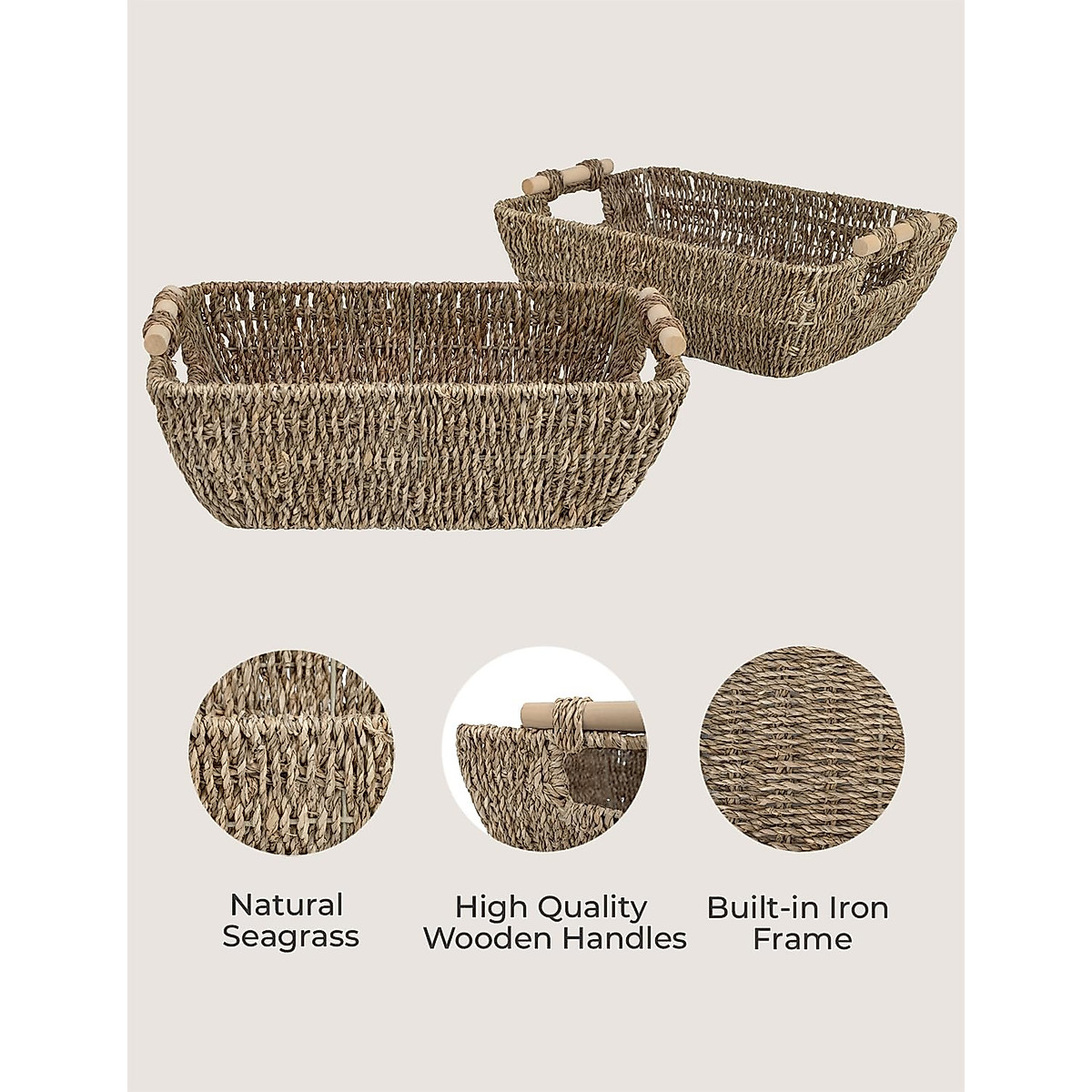 StorageWorks Hand-Woven Large Storage Baskets with Wooden Handles, Seagrass Wicker Baskets for Organizing, 2-Pack