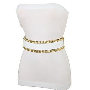 Women White Wide Fashion Belt - Elastic Waistband Gold Metal Chain Links Size S, Silver, One Size