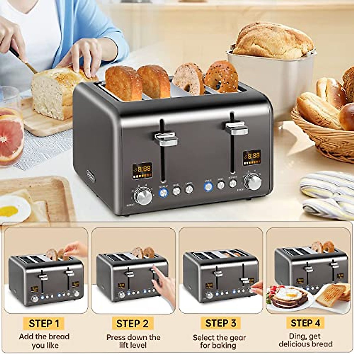 SEEDEEM Toaster 4 Slice, Stainless Steel Bread Toaster with Colorful LCD Display, 7 Bread Shade Settings, 1.4'' Wide Slots Toaster with Bagel/Defrost/Reheat Functions, Removable Crumb Tray, Dark Metallic, 1800W