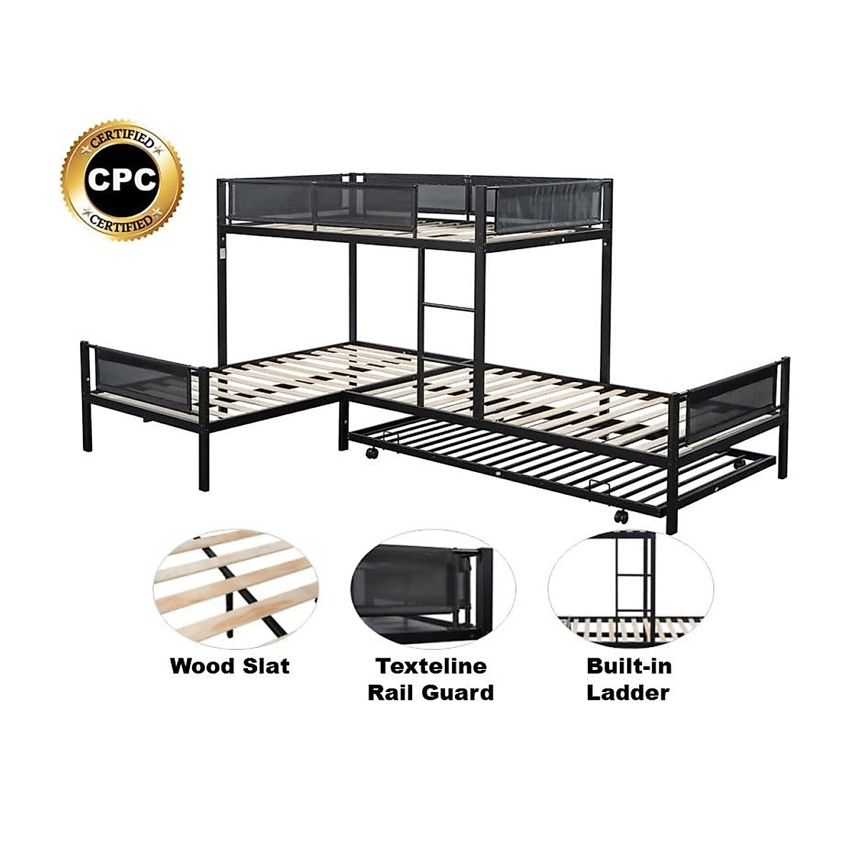 L-Shape Triple Bunk Bed with Trundle, Metal 3 Bed Bunk Beds with for Kids, Twin Size Corner Bunk Bed Frame with Wood Slats Support for 4 Teens, Textilene Guardrails, Black