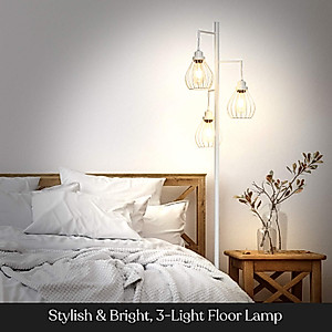 Brightech Teardrop LED Floor Lamp – Tree Standing Lamp with 3 Elegant Cage Heads & Edison Bulbs – Standing Lamp for Living Rooms & Offices – Tall Standing Lamp Ideal for Bedroom Reading – Alpine White