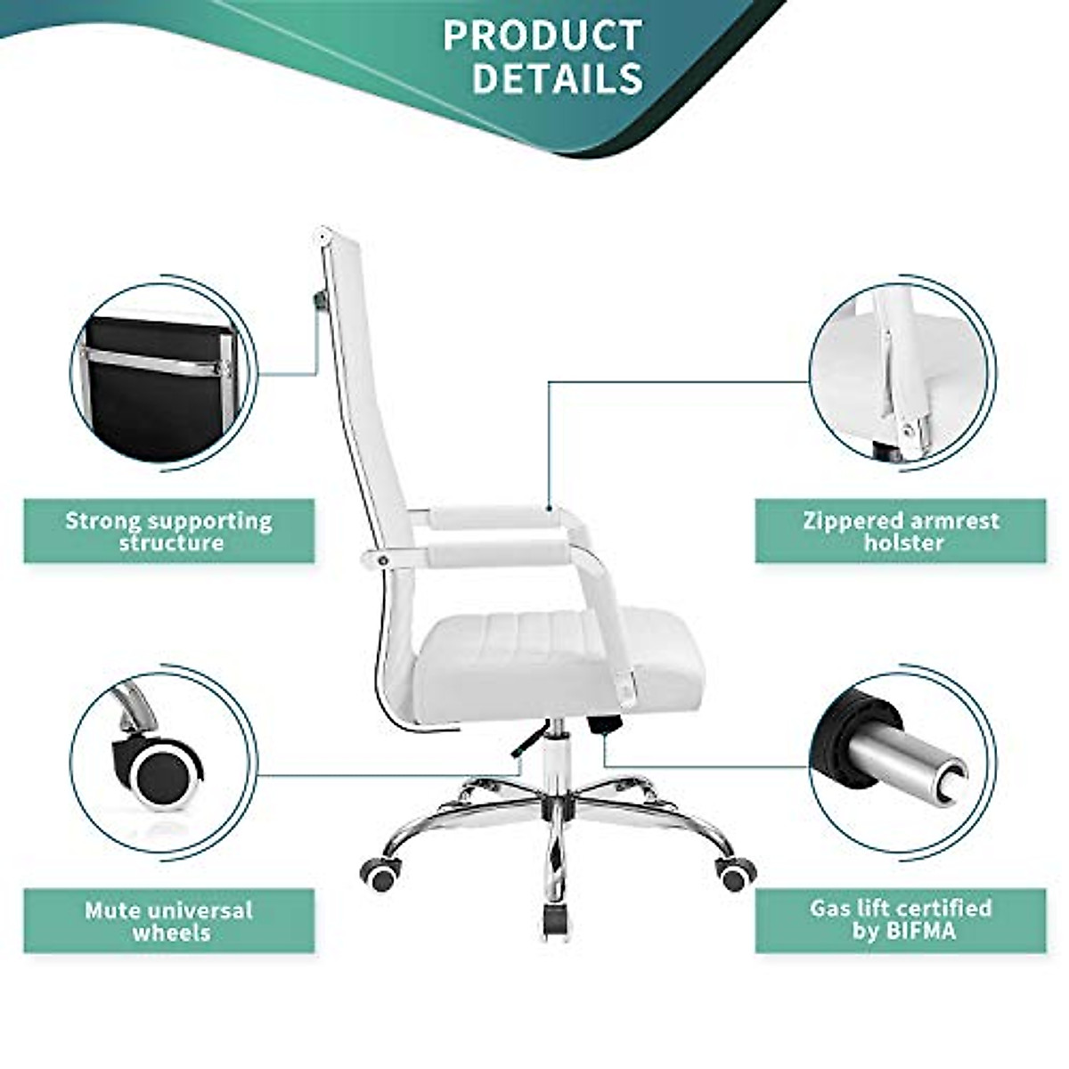 Tuoze Office Chair High Back Leather Desk Chair Modern Executive Ribbed Chairs Height Adjustable Conference Task Chair with Arms (White)