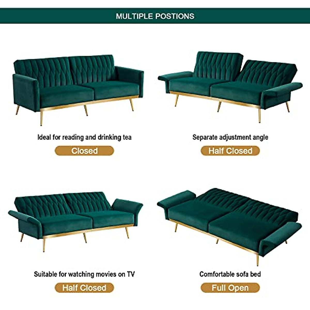 TTGIEET Velvet Convertible Futon Sofa Bed with Golden Metal Legs, 70" Tufted Loveseat Couch Sleeper Futon Sofa with Adjustable Armrests for Home Living Room Bedroom (Green)