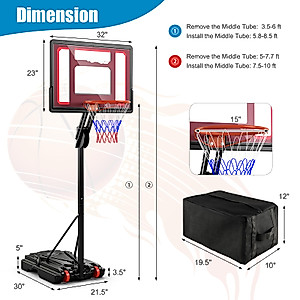 GYMAX Portable Basketball Hoop, 5 FT to 10 FT Adjustable Basketball Goal with 10 Heights, All Weather Basketball Stand System with Weight Bag & Wheels, for Kids Youth Adult, Indoor Outdoor Pool, Court