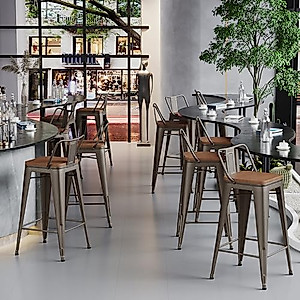 24" Low Back Metal Counter Stool Height Bar Stools with Wooden Seat [Set of 4] for Home Kitchen Barstools