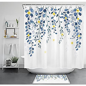 ECOTOB Leaves Floral Shower Curtain Set Blue Eucalyptus Leaves and Yellow Flowers Bath Mat and Shower Curtain Watercolor Plant Bathroom Decor Accessories, 72x72 Inches