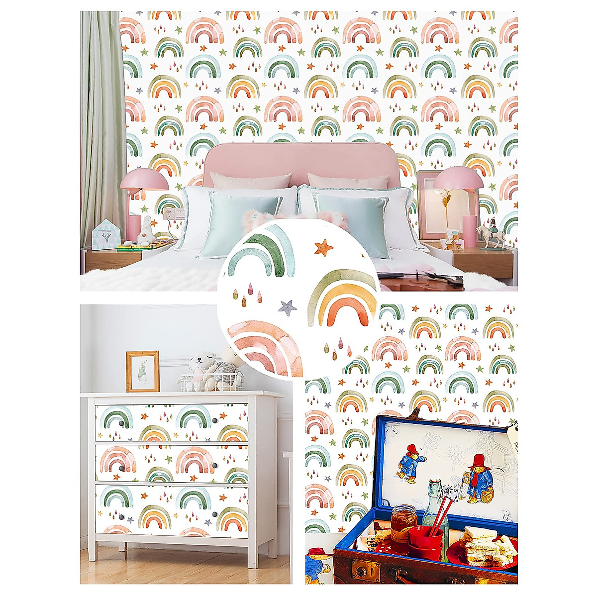 HAOKHOME Peel and Stick Rainbow Wallpaper Cute Raindrop Stars White/Orange/Green Removable for Nursery Kids Bedroom Decor 17.7in x 118in