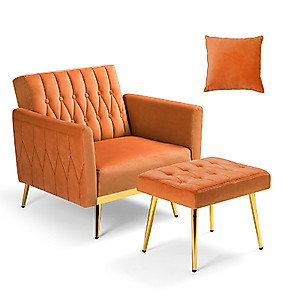 ACMEASE Velvet Accent Chair w/Adjustable Armrests and Backrest, Button Tufted Lounge Chair, Single Recliner Armchair with Ottoman and Pillow for Living Room, Bedroom,Orange