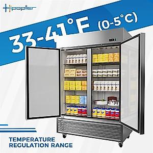 HIPOPLLER 54" W Double 2 Door Commercial Refrigerators, Stainless Steel Reach-in Commercial Fridge Cooler 49 Cu. Ft with 8 Shelves and LED Light, 115v for Commercial Kitchen, Restuarant, Bar, Shop