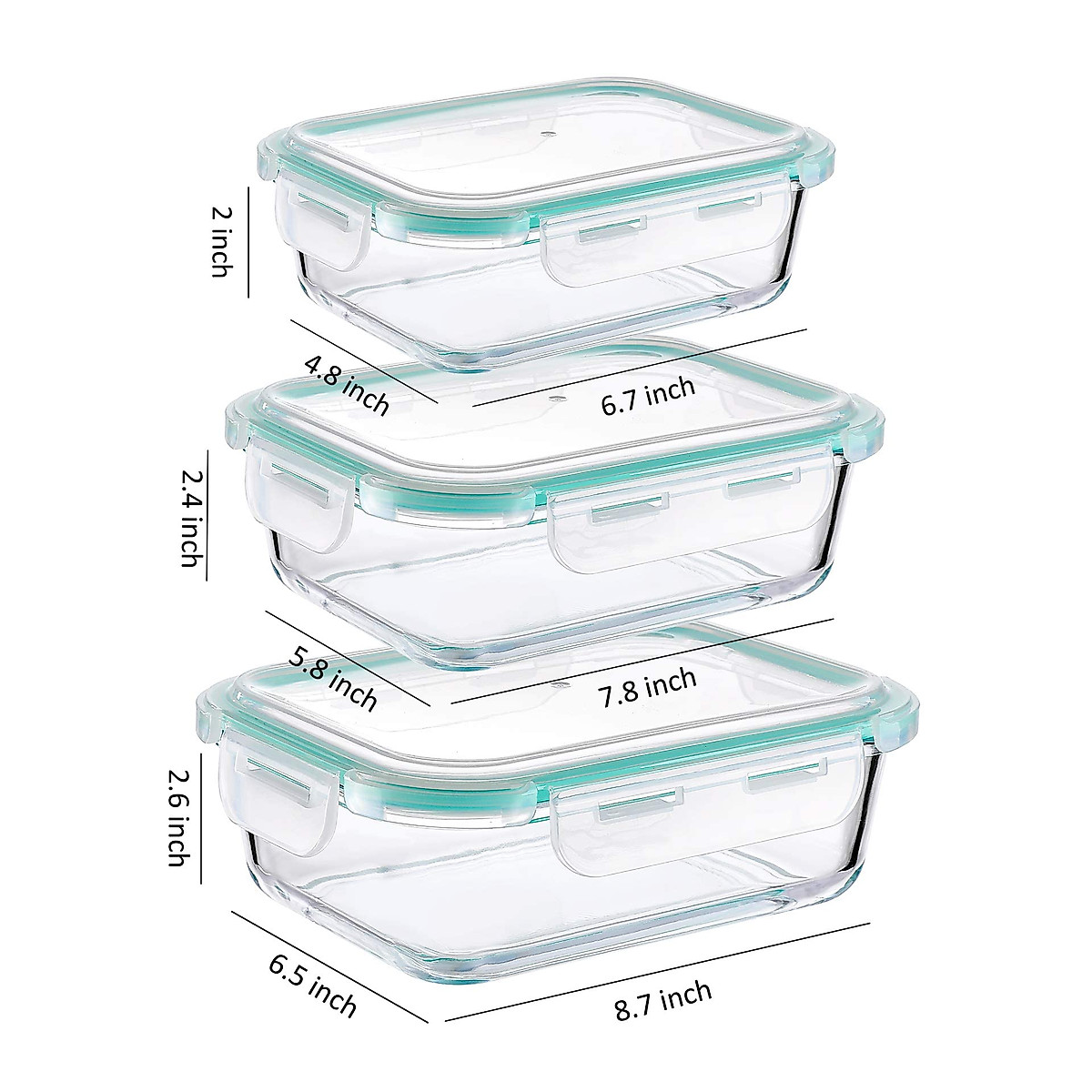 WHOLE HOUSEWARES | Glass Food Storage Containers Meal Prep Pack of 3 in Different Sizes | Food Storage Containers Glass With Lids Airtight | For Meal Prep and Fruit