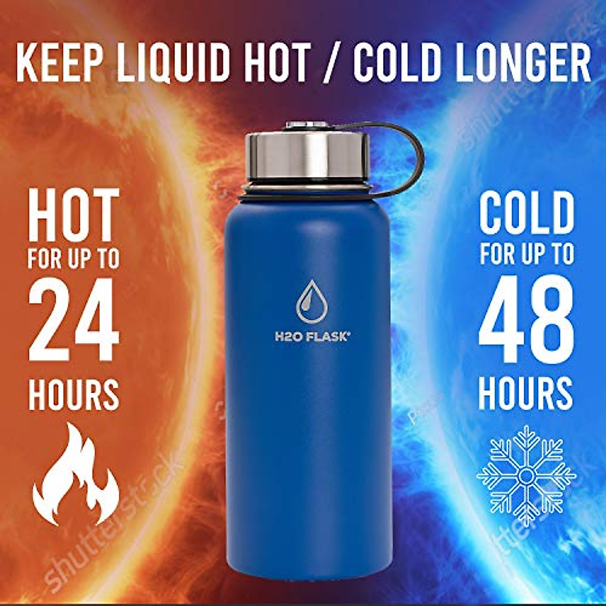 Insulated Water Bottle with Flip Top & Wide Mouth Lids, 2 BPA-Free Straws - 32-40oz, Stainless Steel, Double Wall, Vacuum Insulated for No Leaks - Keeps Liquid Hotter & Colder Longer - Blue 32oz