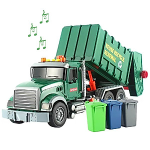 IYEAM 15" Big Garbage Truck Toy, Friction Powered Garbage Truck with Lights and Sounds, Kids Recycling Trash Truck with 3 Trash Cans, Boys & Girls Gifts