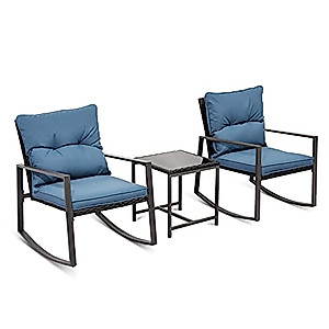 Temminkii 3-Piece Outdoor Bistro Set Wicker Rocking Chair Patio Furniture Blue Cusion Glass Coffee Table for Garden (Blue)
