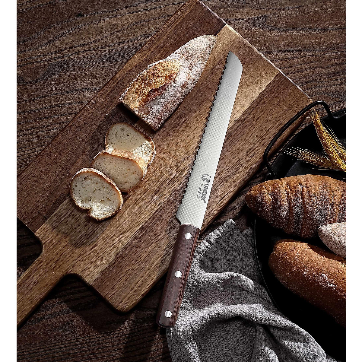 Premium 10 Inches German High-Carbon Stainless Steel Bread Knife - Ultra Sharp Serrated Blade, Full Tang Natural Wooden Handle - Ideal for Slicing Bread Cake Fruits & Vegetables