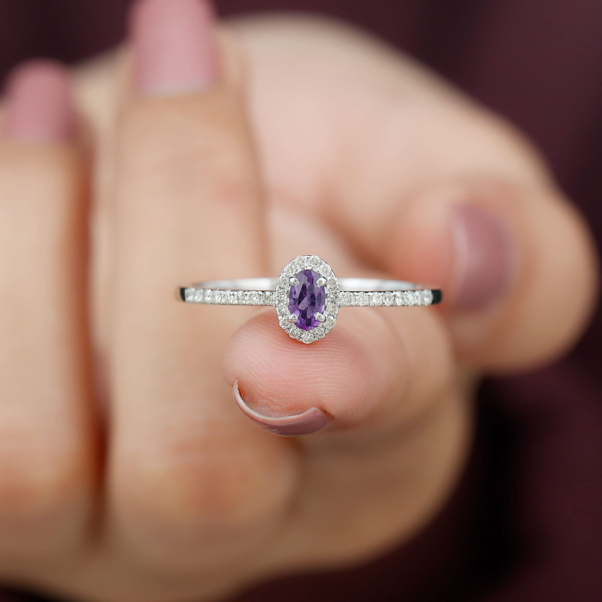 Rosec Jewels Natural Amethyst Minimal Halo Ring| 3X5 MM Oval| AAA Quality| Engagement Ring for Women, 14K White Gold, Size:US 10.00