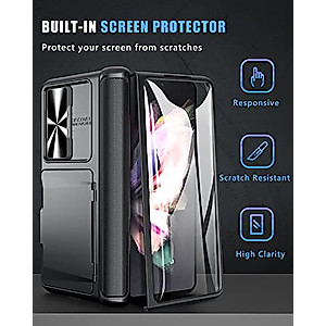 Vihibii for Samsung Galaxy Z Fold 3 5G Case with Hinge Protection, Built-in Card Holder & Kickstand & Slide Camera Cover & Screen Protector, Multifunction Case for Samsung Galaxy Z Fold 3 2021 (Black)