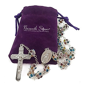 Nazareth Store Colorful Zirconia Crystal Beads Rosary Silver Catholic Necklace with Miraculous Medal Cross Crucifix Multicolor Rosaries in Velvet Bag