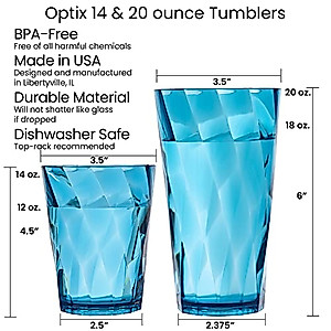 US Acrylic Optix 16-piece Plastic Tumblers in 4 Coastal Colors | 8 each: 14-ounce Rocks and 20-ounce Water Drinking Cups | Reusable, BPA-free, Made in the USA, Top-rack Dishwasher Safe