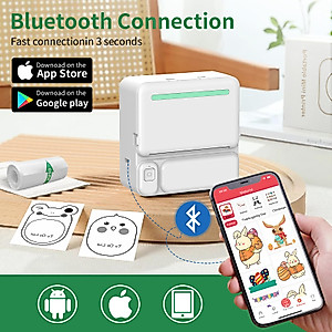 kazazoo Mini Thermal Printer Bluetooth Pocket Printer Portable Inkless Sticker Printer for Notes/Lists/Label/Memo/Scrapbook, Photos Compatible with iPhone iOS & Android or Tablet (with 2 Roll Paper)