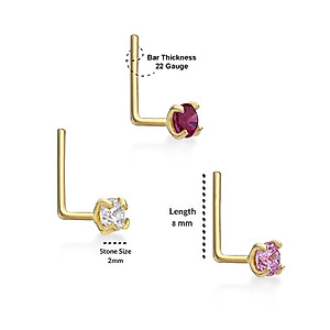 Lavari Jewelers 22 Gauge L-Shape Nose Ring Set for Women I 2mm White, Pink, and Red Cubic Zirconia Nose Ring I 14k Yellow Gold Nostril Piercing I 22G Hypoallergenic Unisex Stud I CZ Body Jewelry