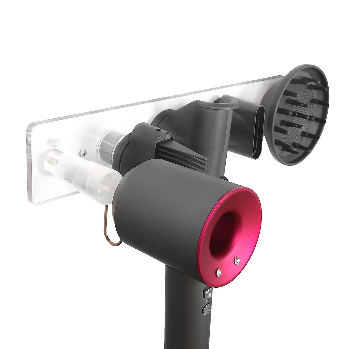Floatant Wall Mount Hair Dryer Holder Compatible with Dyson Supersonic, Hair dryer holder, Acrylic Attachments Organizer with Hooks for Accessories Nozzles, Wide-Tooth Comb, Diffuser (Transparent)