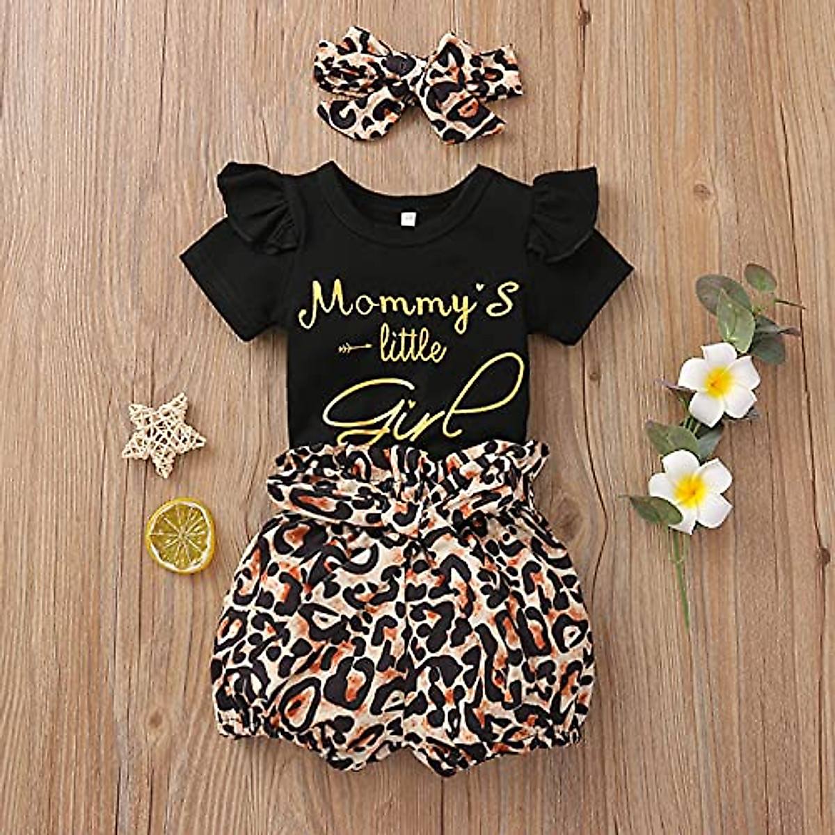 Suranne Newborn Baby Girl Clothes Leopard Outfits Short Sleeve Letter Romper + Short Pants + Headband 3Pcs 0-3 Months