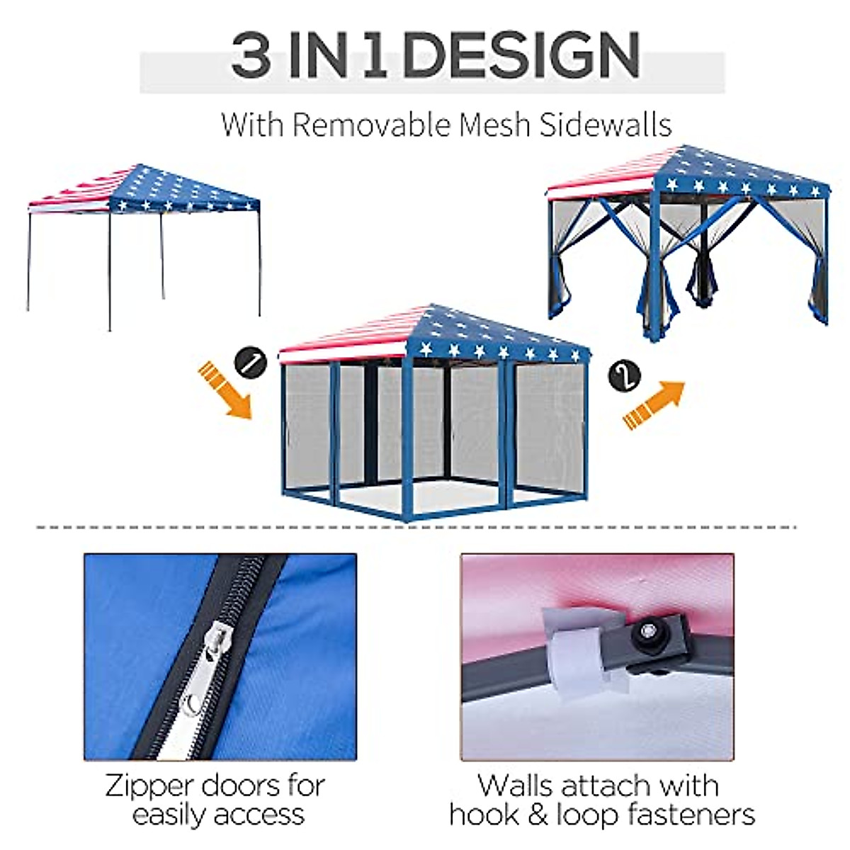 Outsunny 10' x 10' Pop Up Canopy Tent with Netting and Portable Carry Bag, Instant Sun Shelter, Tents for Parties, Height Adjustable, for Outdoor, Garden, Patio, American Flag