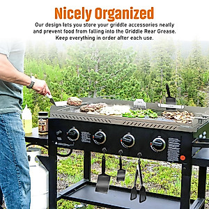 RUSFOL 3-in-1 Stainless Steel Griddle Spatula Holder with Mesh Screen Grease Gate and 3 Magnetic Hooks for 28"/36" Blackstone Griddles, Flat Top Griddle BBQ Accessories, Free from Drill&Easy Install