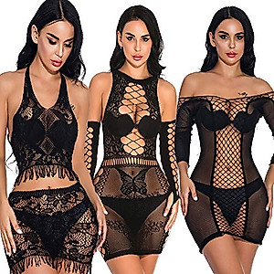 QuneusHot 3pcs Sexy Women Fishnet Dress Camisole Babydoll Lingerie Nightgowns Chemise Nightwear Sleepwear Black Set