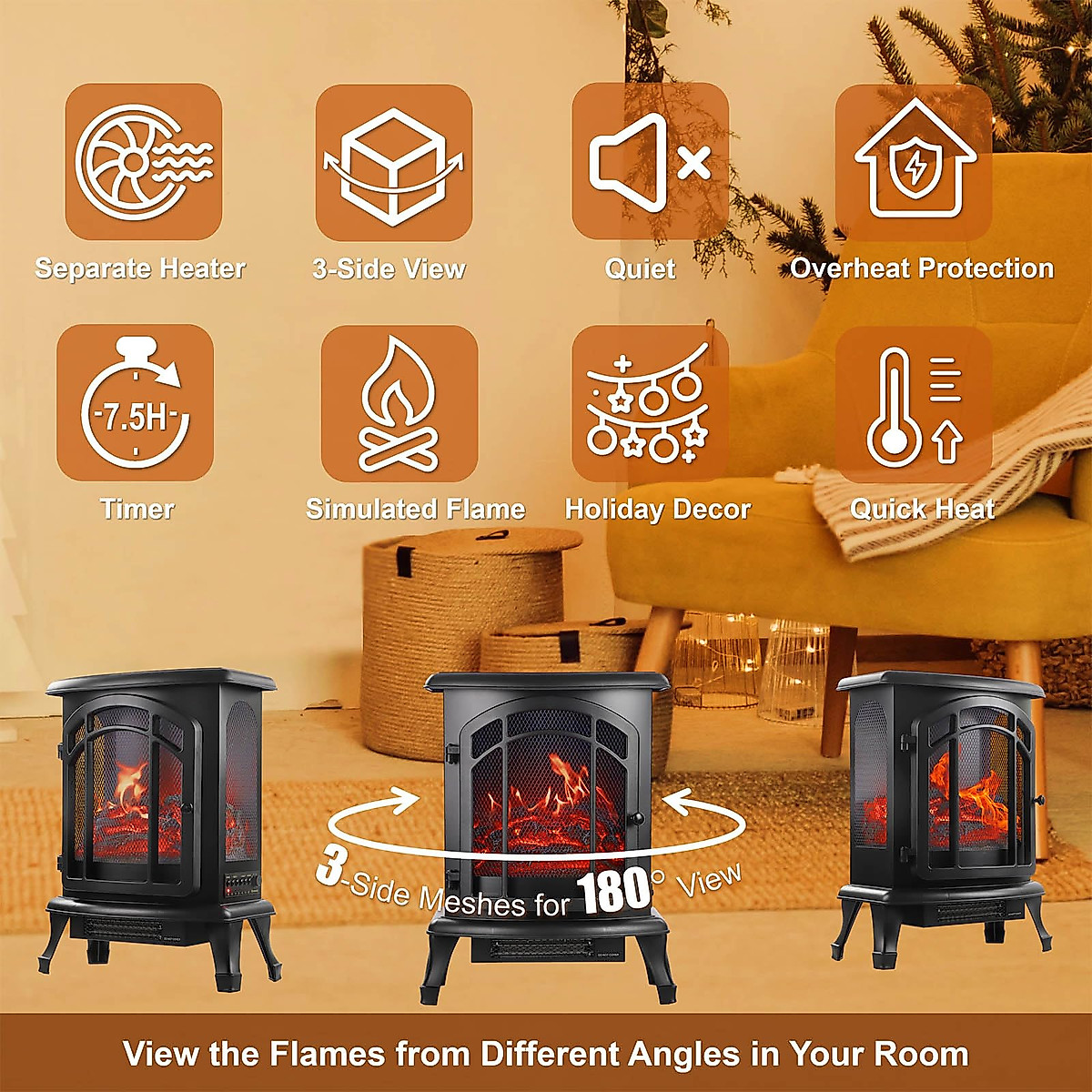 24"Electric Fireplace Heater, 1500w Electric Fire Place with 3D Flame Effect, Electric Wall Fireplace for the Living Room, Adjustable Infrared Heater, Overheat Protection, 400 Sq Ft Effective Space