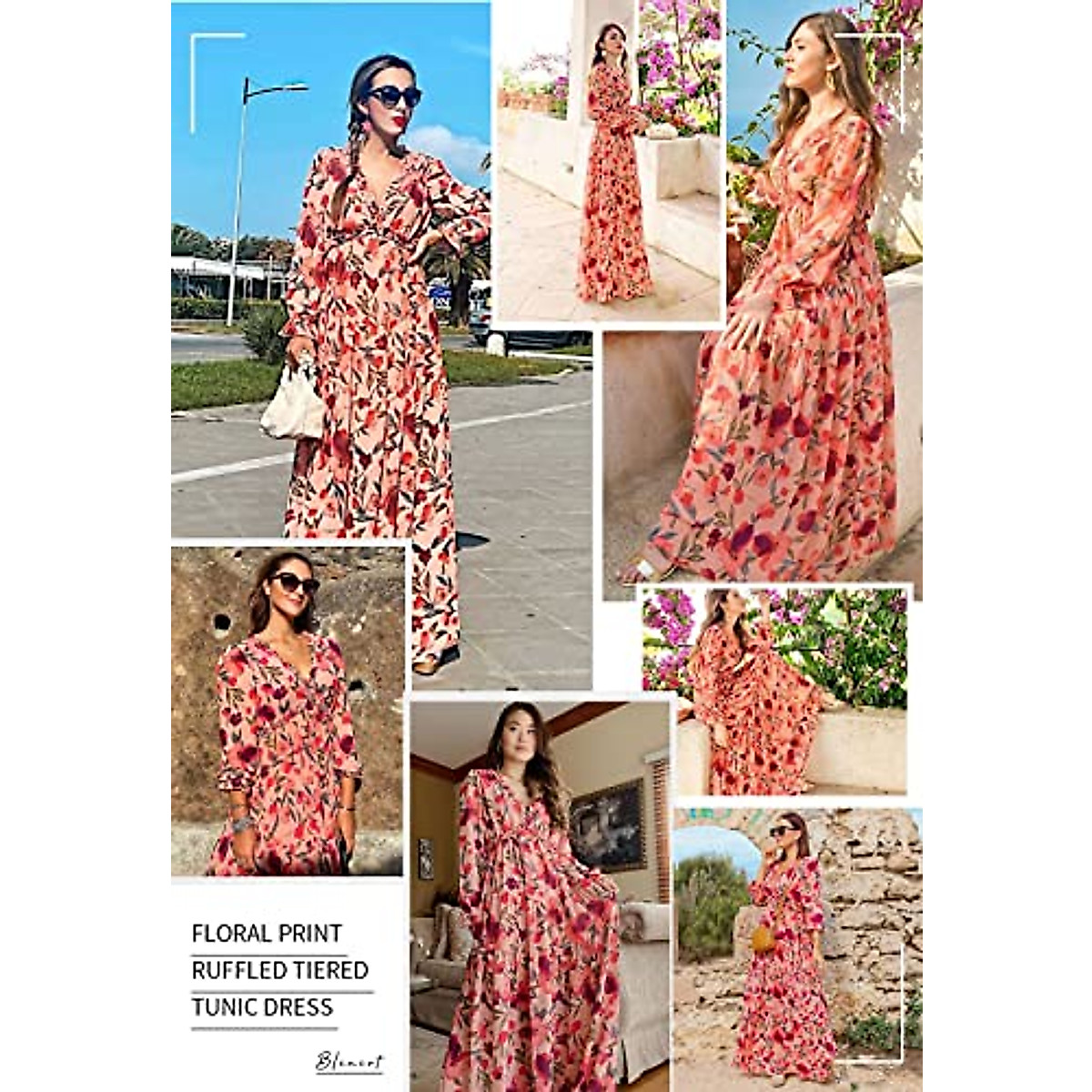 BLENCOT Womens Casual Floral Deep V Neck Long Sleeve Long Evening Dress Cocktail Party Maxi Wedding Dresses Floral Pattern Red Medium