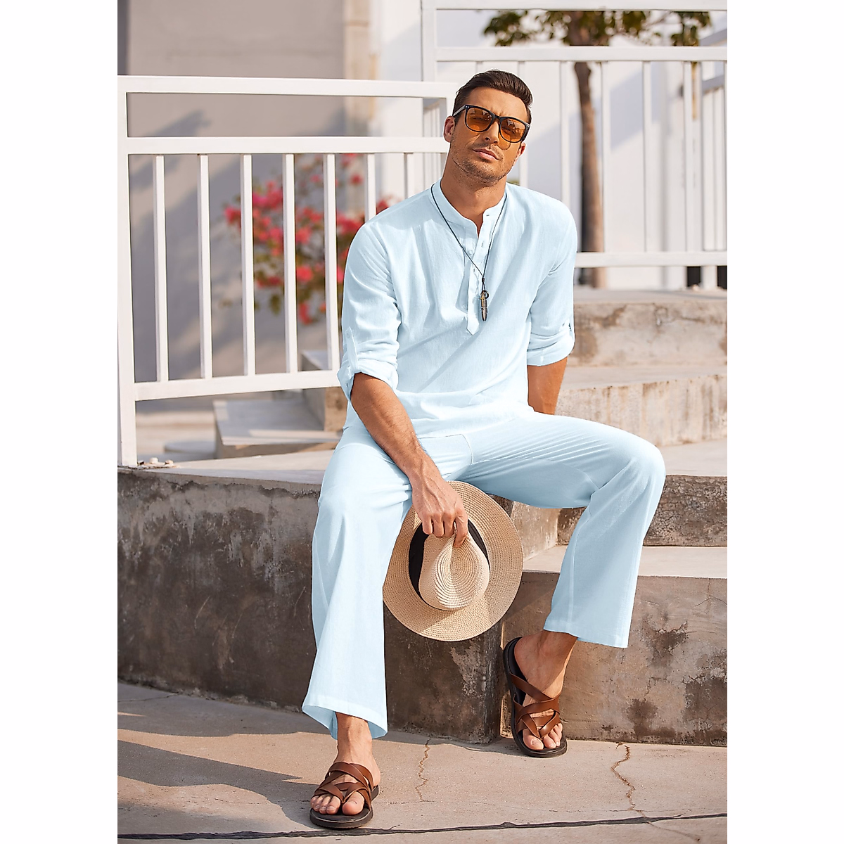 COOFANDY Men's 2 Pieces Cotton Linen Set Long Sleeve Henley Shirts Casual Beach Pants With Pockets Summer Yoga Outfits