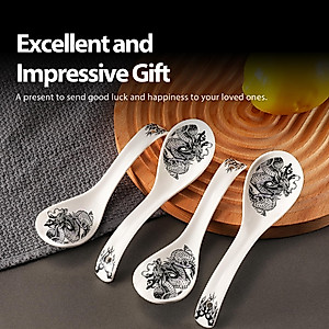 Dragon Ceramic Spoon Soup Spoons Asian Soup Spoon Chinese Korean Japanese Ramen Pho Miso Spoons Set of 4 with Hole 6.2 Inch