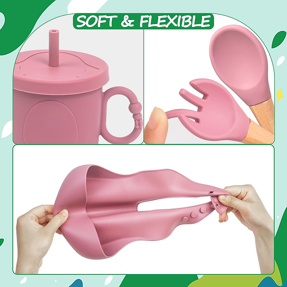 Silicone Baby Feeding Set, 18PCS Baby Led Weaning Supplies, Includes Baby Suction Bowls and Plates, Silicone Baby Bibs, Silicone Baby Cup, Silicone Baby Spoons and Forks (Beige & Olive-green)