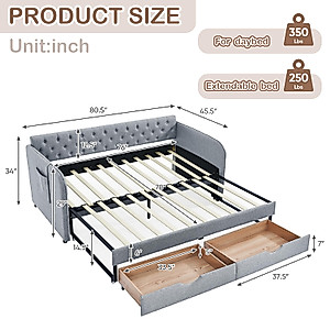 Antetek 80.5" Daybed with Drawer, Modern Button Tufted Linen Day Bed with Trundle Bed Twin to King, Upholstered Daybed Frame w/Storage Pocket for Bedroom, Living Room, No Box Spring Needed, Grey