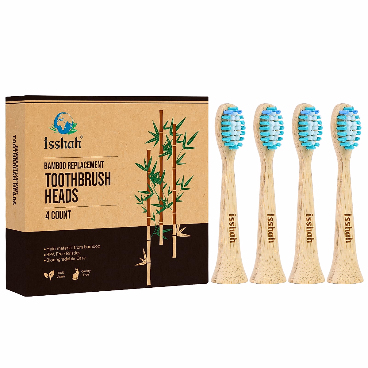 Bamboo Replacement Toothbrush Heads - FSC Certified and PETA Approved, 4 Count (Fits Most Philips Electric Toothbrushes)