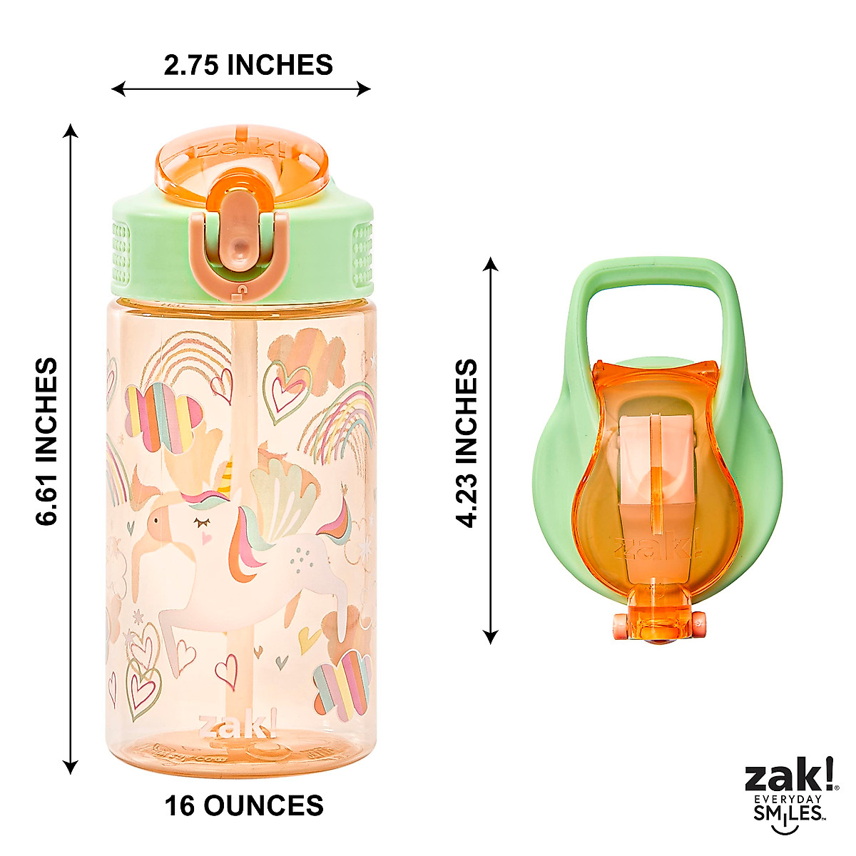 Zak Designs Kids Water Bottle For School or Travel, 16oz Durable Plastic Water Bottle With Straw, Handle, and Leak-Proof, Pop-Up Spout Cover (Unicorn)