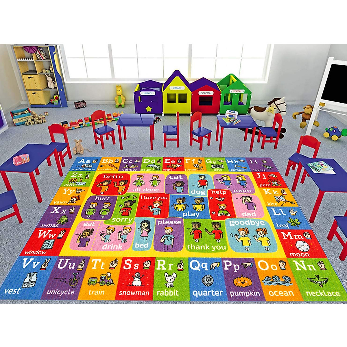 KC Cubs ABC Alphabet ASL Sign Language Educational Learning & Fun Game Play Area Non Slip Boy & Girl Kids Rug Carpet for Children Bedroom, Toddler Classroom & Baby Playroom Mat, 3' 3" x 4' 11"