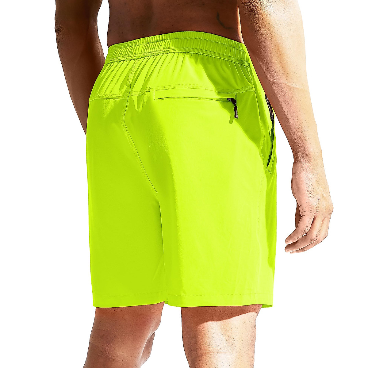 MIER Men's Athletic Shorts Workout Running Quick Dry Lightweight Gym Shorts with Zip Pockets 7" Inseam, Neon Green, Medium