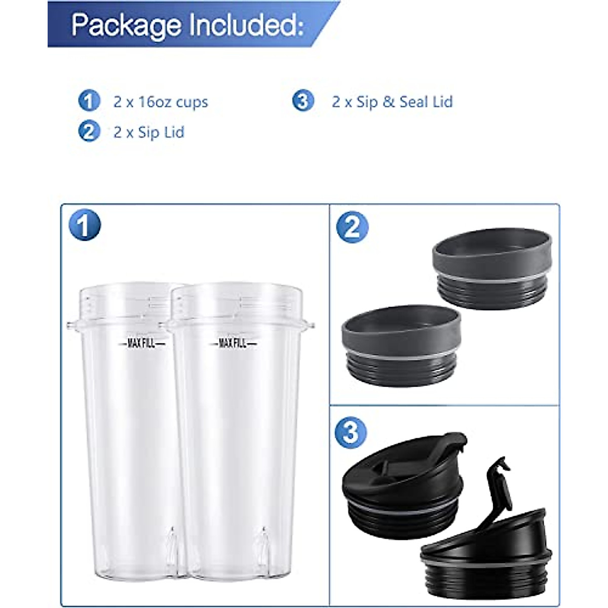 2-pack Blender Replacement Parts Single Serve 16oz cups with Sip & Seal Lids Compatible with Ninja Blenders