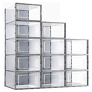 eWonLife Shoe Storage Box 12 Pack, Plastic Clear Stackable Shoe Organizer with Lids, Stacking Shoe Container For Women and Men, Bedrooms, Bathrooms, Closet (Need Assembly)