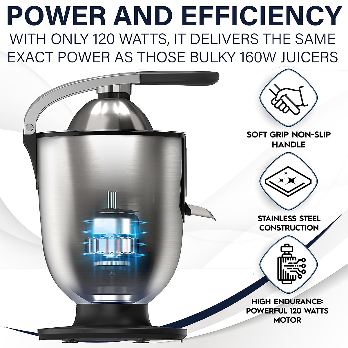 Eurolux Electric Citrus Juicer Squeezer, for Orange, Lemon, Grapefruit, Stainless Steel 160 Watts of Power Soft Grip Handle and Cone Lid for Easy Use (ELCJ-1700S)