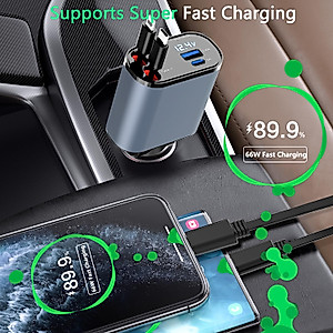 Paiholy Retractable Car Charger,4 in 1 Fast USB C Car Charger 100W with Dual Retractable Cable Dual USB Ports,Voltage Display Car Charger Compatible with iPhone 15 Pro Max/14/13/12,Galaxy S23/ S22/S10