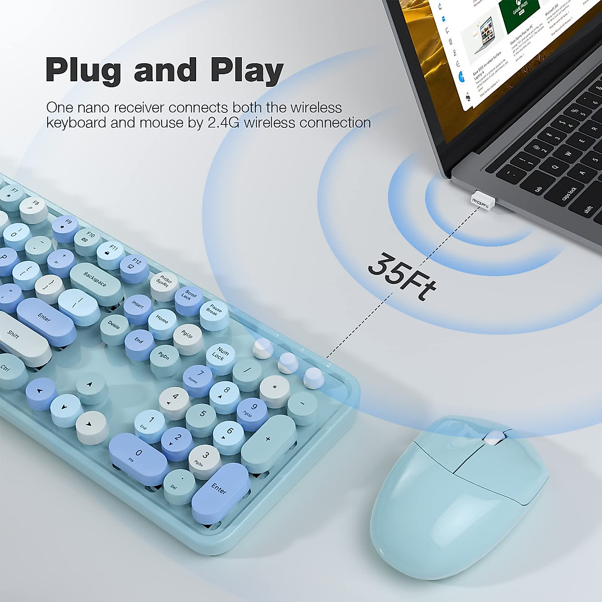 MOFII Wireless Keyboard and Mouse - Blue Retro Full-Size Setup