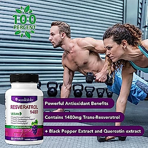 Resveratrol 1,480MG with Quercetin 90 Capsules - Vegan Trans-Resveratrol Antioxidants for Healthy Aging, Immune System, Cardiovascular & Joint Support - Improving Fatigue, Memory and Brain Function